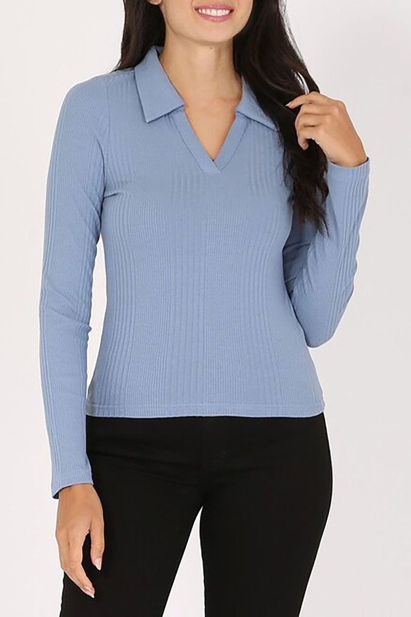 Women's Long Sleeves Variegated Rib Polo T Shirts – FashionJOA